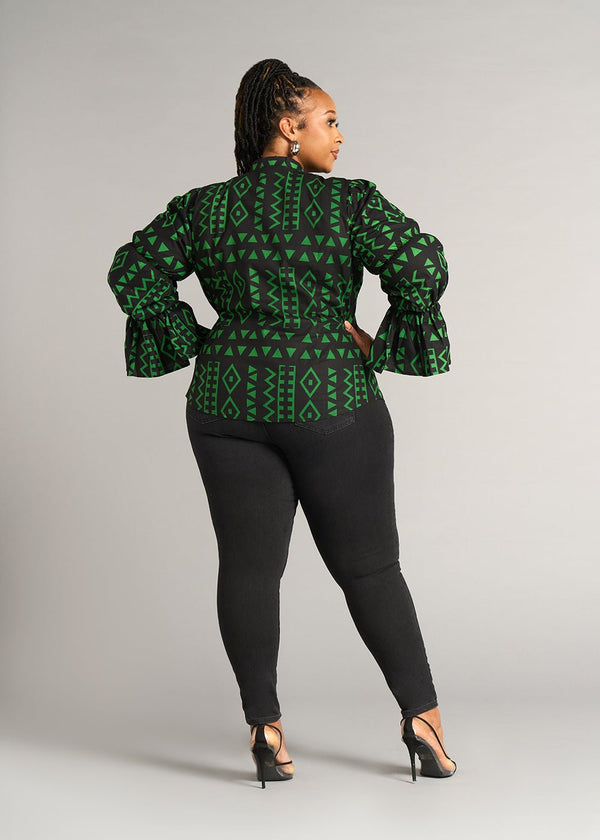 Amari Women's African Print Button-Up Top (Moss Black)