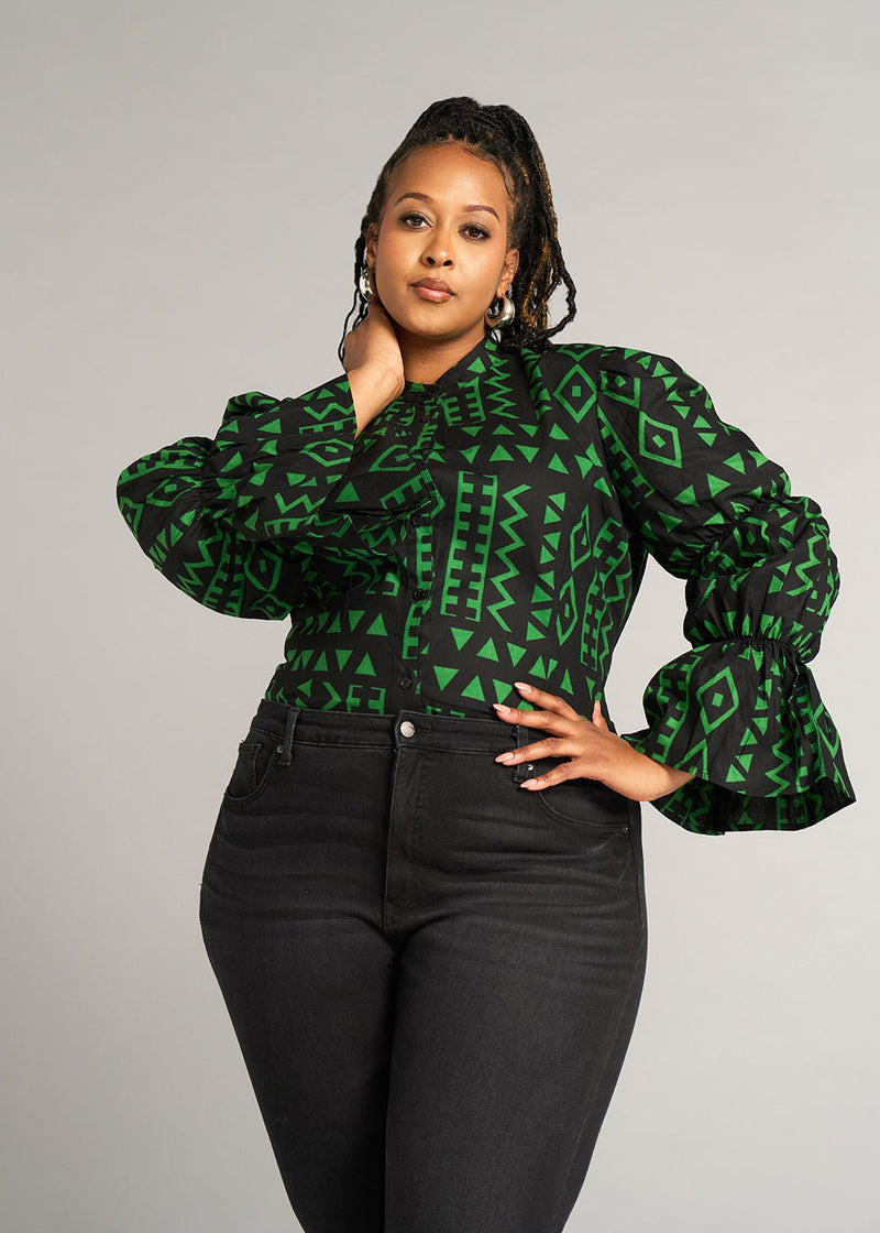 Amari Women's African Print Button-Up Top (Moss Black)