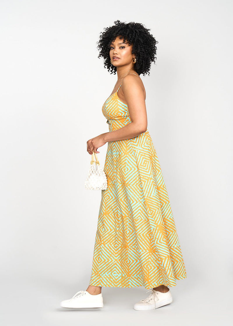 Anjiola Women's African Print Maxi Dress (Orange Blue Adire) – D'IYANU