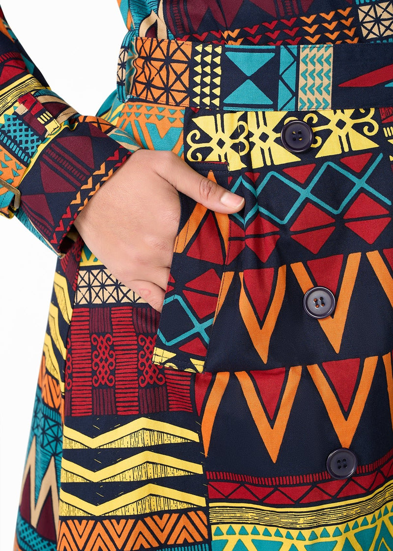 Ebony Women's African Print Utility Trench Coat (Navy Multicolor Kente