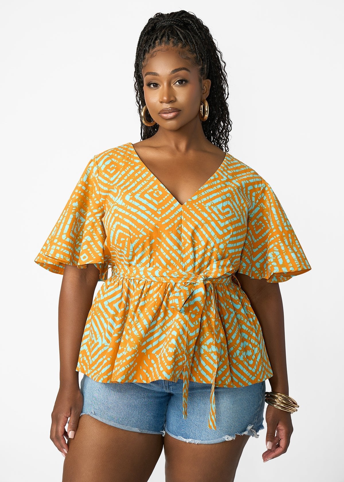 Hamama Women's African Print Peplum Blouse (Orange Blue Adire)