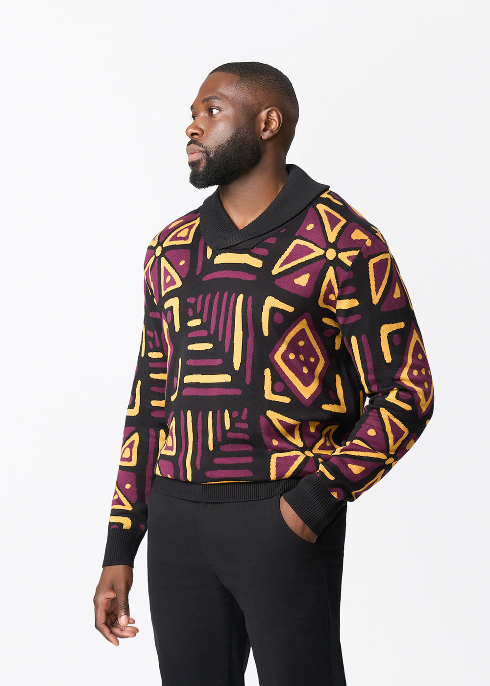 Iferan Men's African Print Sweater (Plum Black Tribal) - Clearance