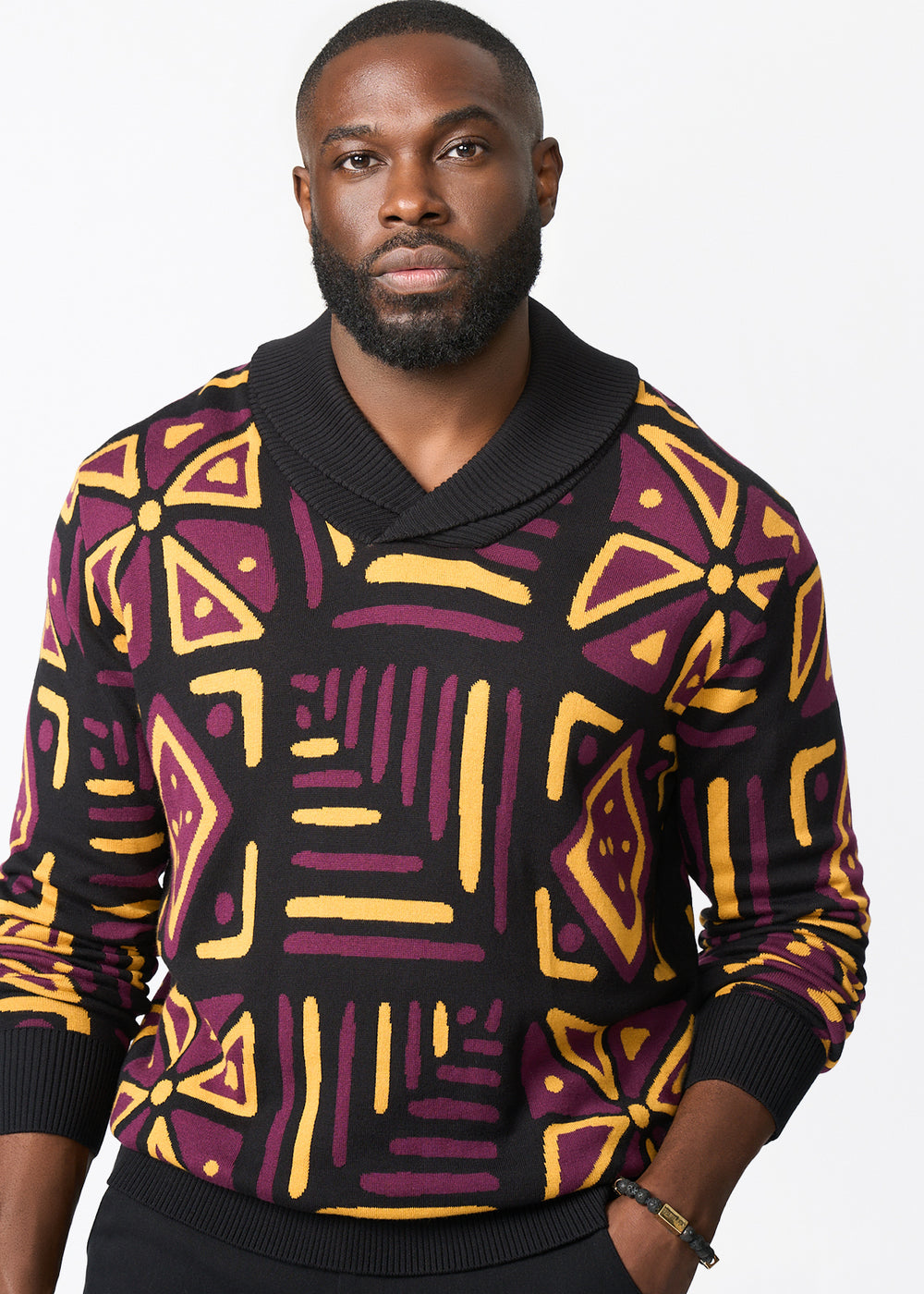 Iferan Men's African Print Sweater (Plum Black Tribal)