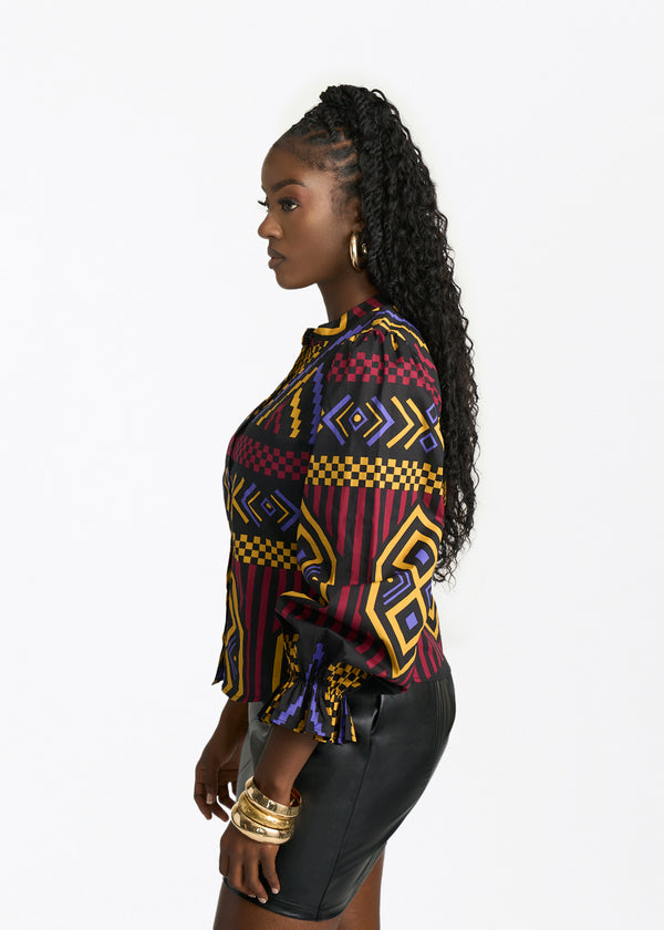 Jahzara Women's African Print Blouse (Black Burgundy Tribal)