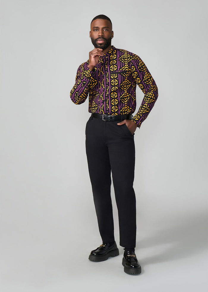 Jamal Men’s Mandarin Shirt - Gold Plum Mudcloth