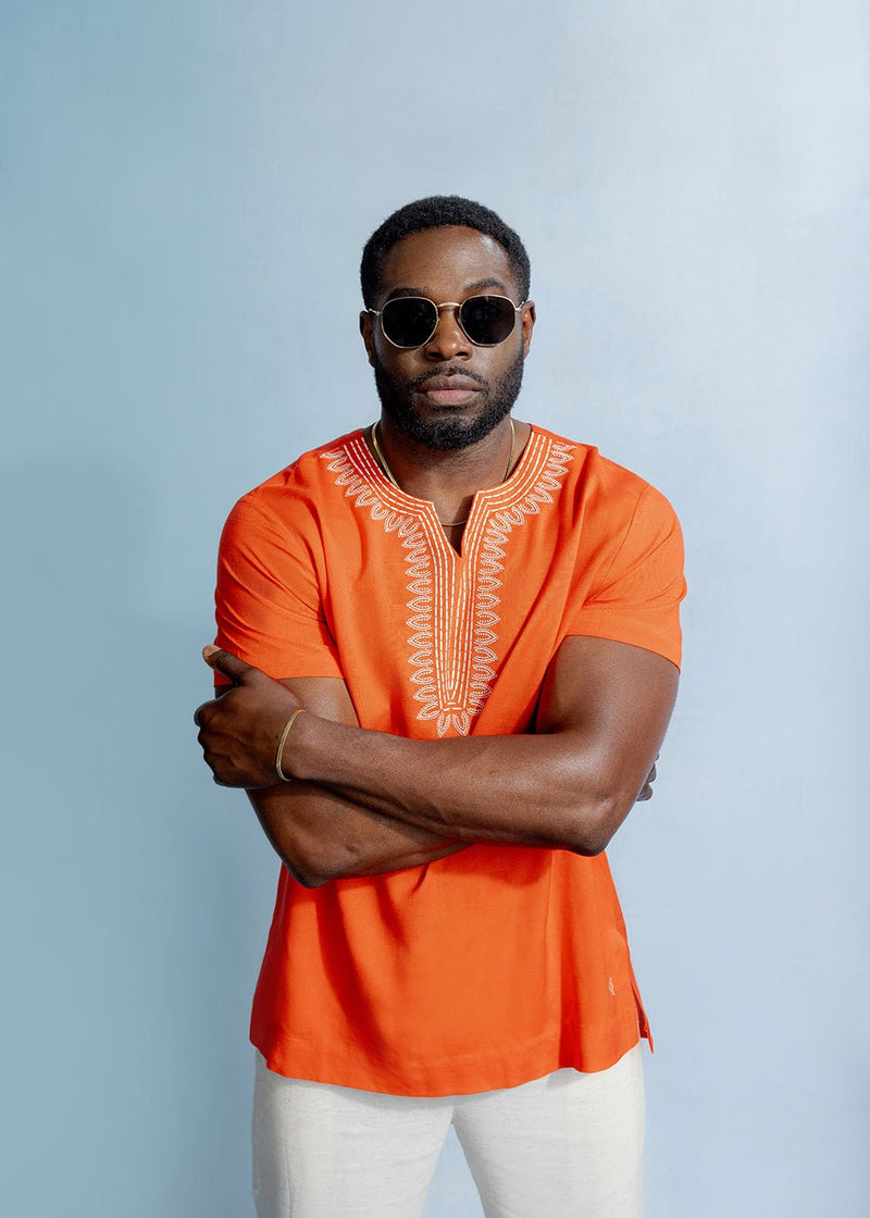 Izibili Men's African Linen Blend Embroidered Tunic Shirt (Deep Coral ...