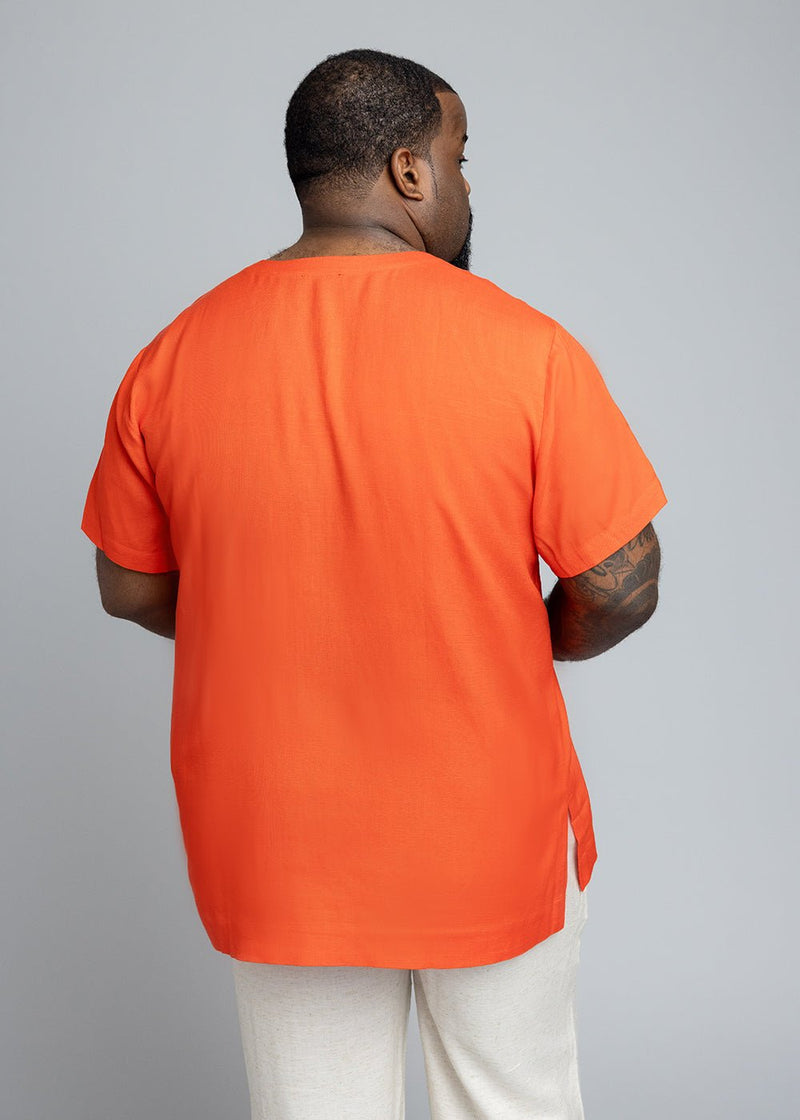 Izibili Men's African Linen Blend Embroidered Tunic Shirt (Deep Coral ...