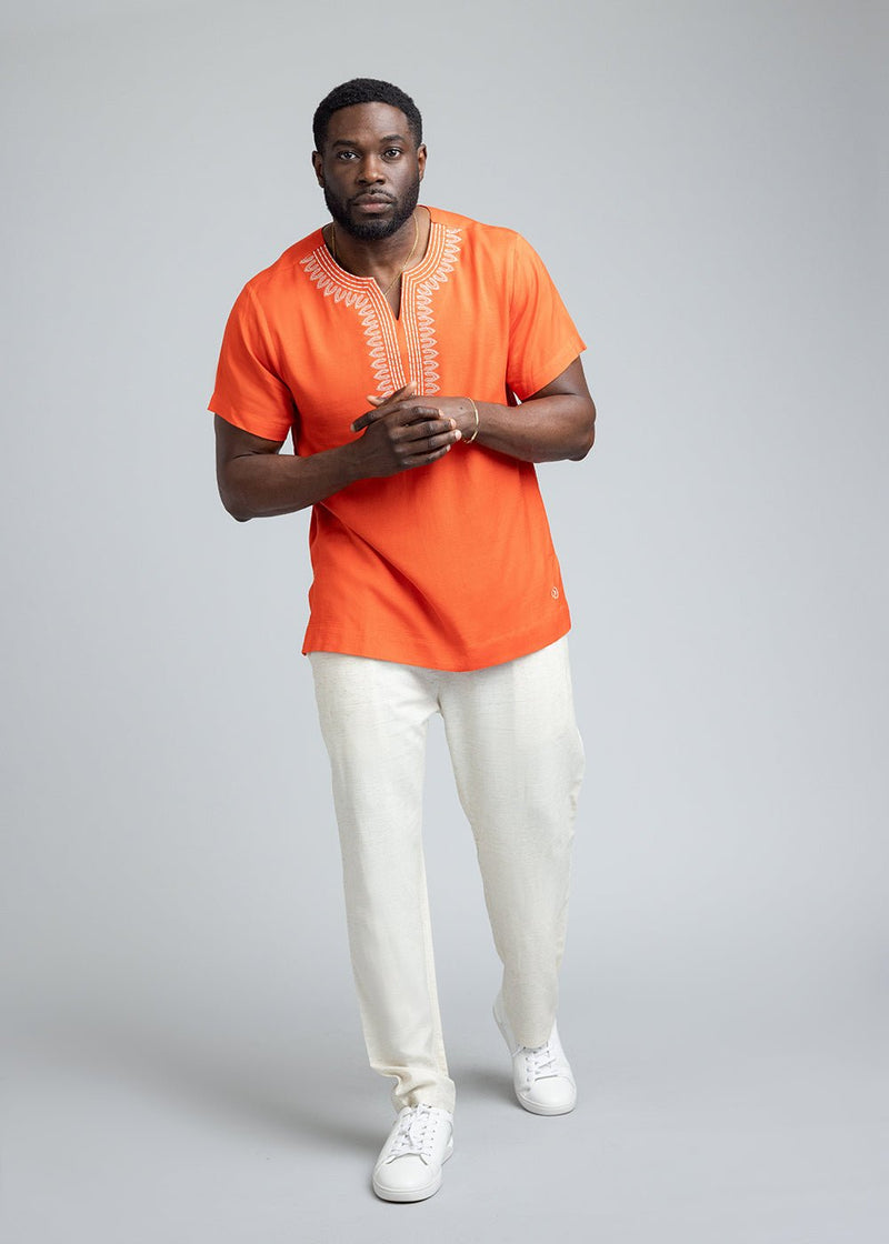 Izibili Men's African Linen Blend Embroidered Tunic Shirt (Deep Coral ...