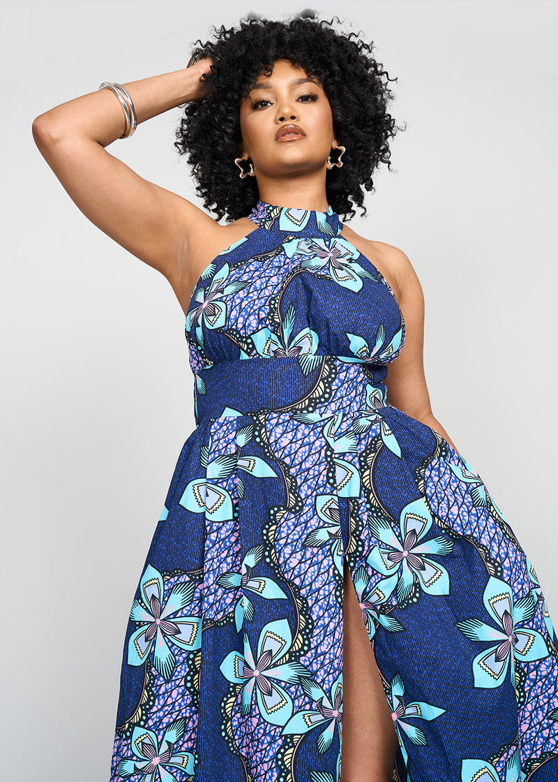 Ronke Womens African Print Maxi Dress Light Blue Pink Iris Diyanu