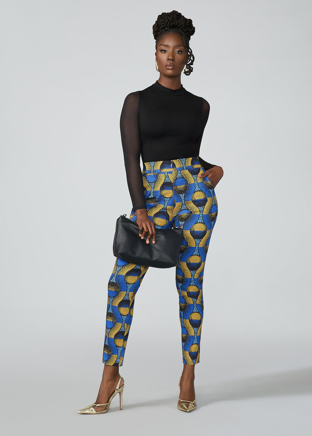 Talia Women's African Print Stretch Pants (Blue Gold Circles) - Cleara