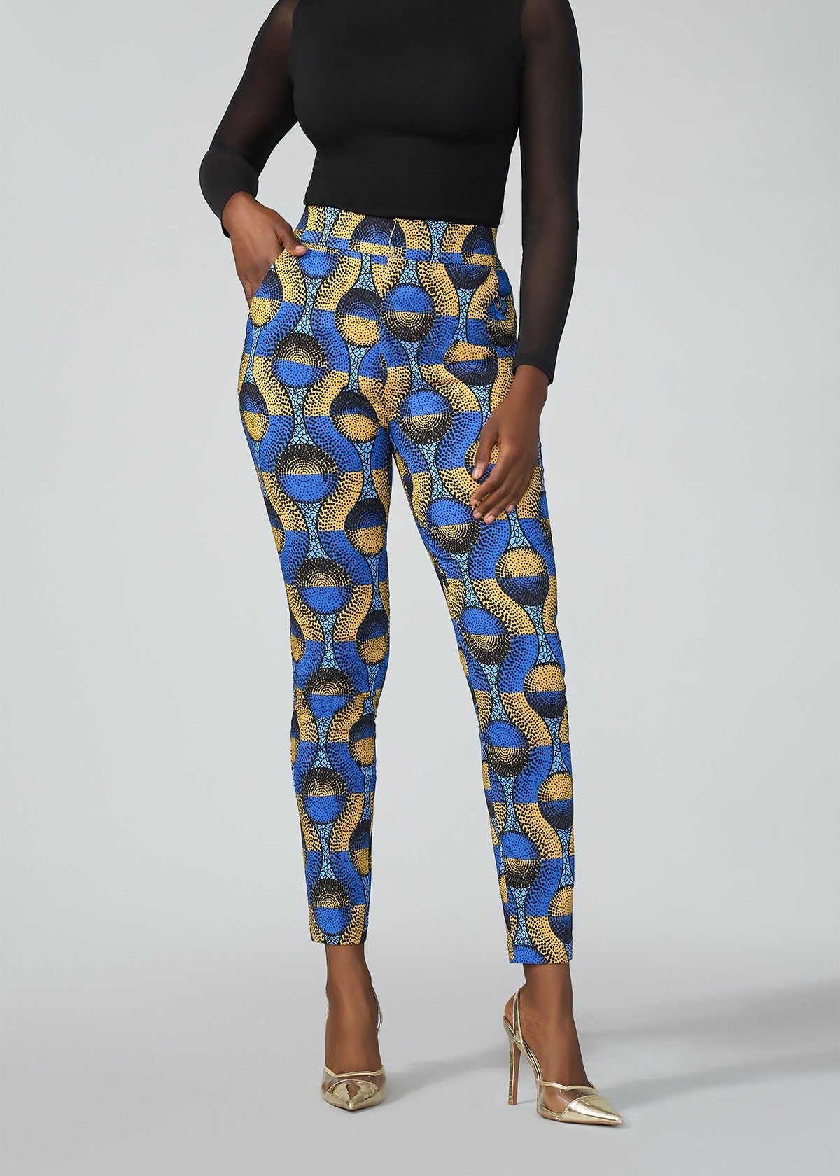 Talia Women's African Print Stretch Pants (Blue Gold Circles)