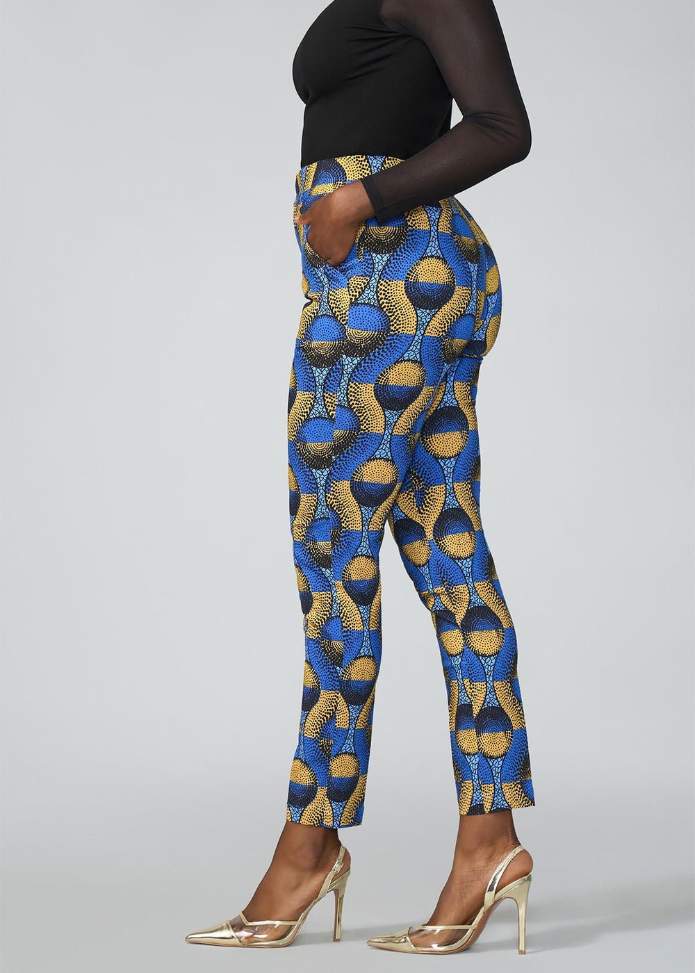 Talia Women's African Print Stretch Pants (Blue Gold Circles)