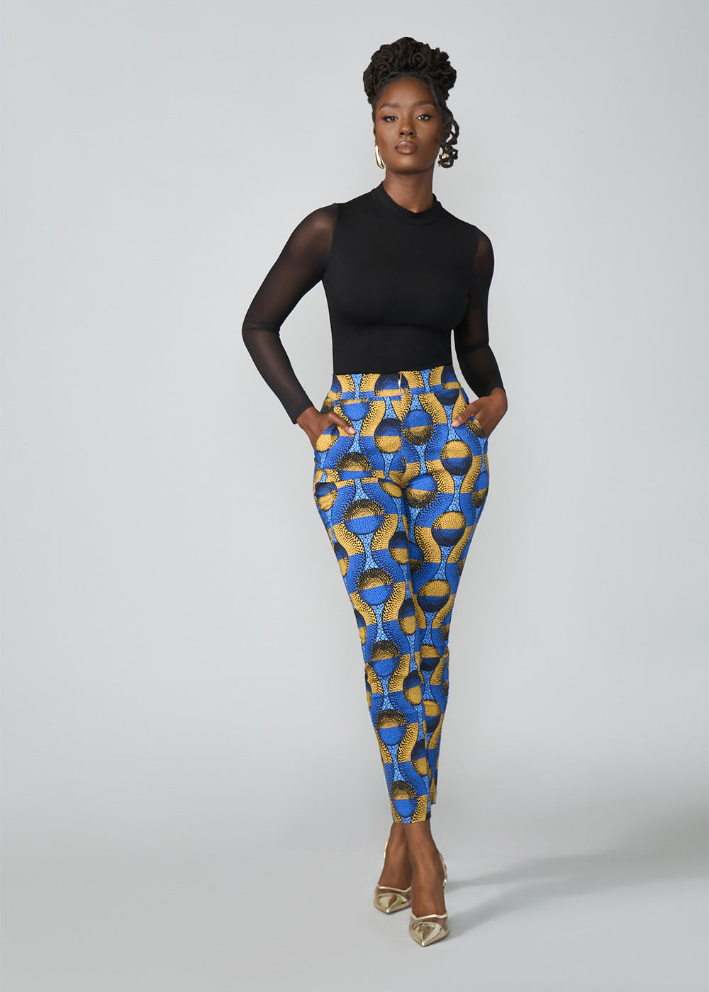 Talia Women's African Print Stretch Pants (Blue Gold Circles) - Cleara