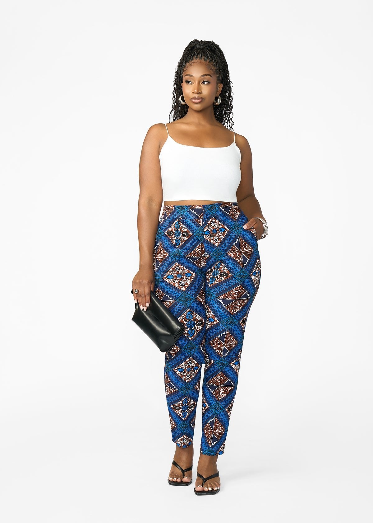 Talia Women's African Print Stretch Pants (Blue Tan Diamonds)