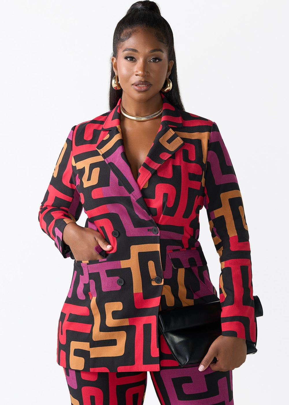 Uyai Women's African Print Stretch Blazer (Black Berry Kuba)