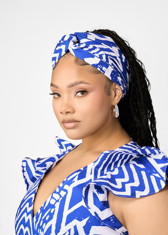 Women's African Print Headwrap/Scarf (White Cobalt Tribal)