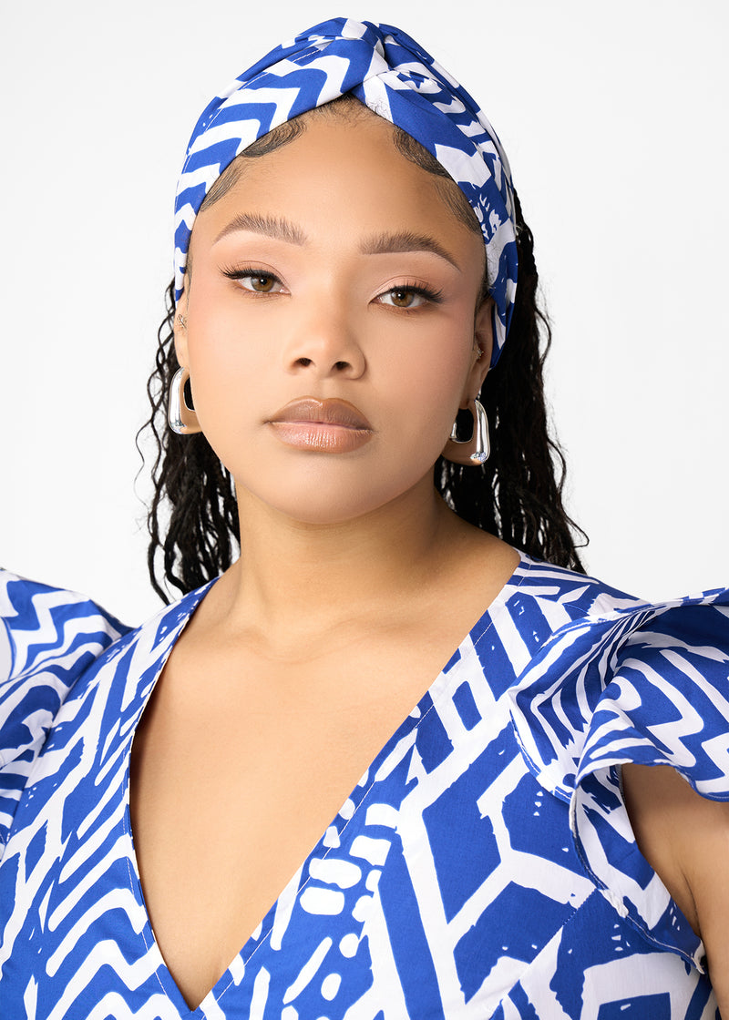 Women's African Print Headwrap/Scarf (White Cobalt Tribal)
