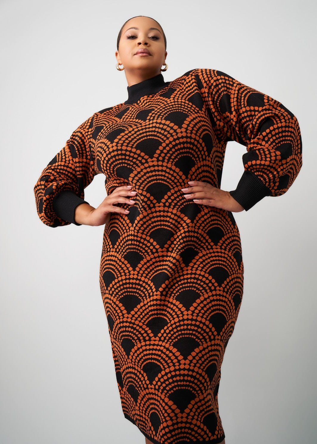 Zania Women's African Print Sweater Dress (Black Amber Dots)