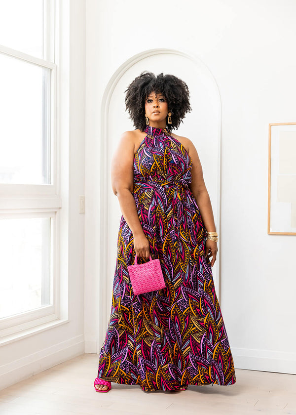 Ronke Womens African Print Maxi Dress Sunset Leaves Clearance