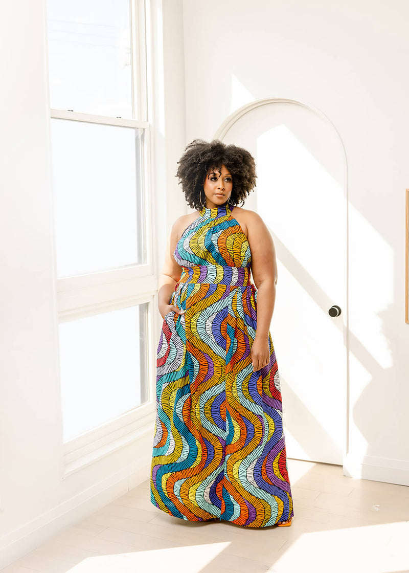 Ronke Womens African Print Maxi Dress Abstract Lines Clearance