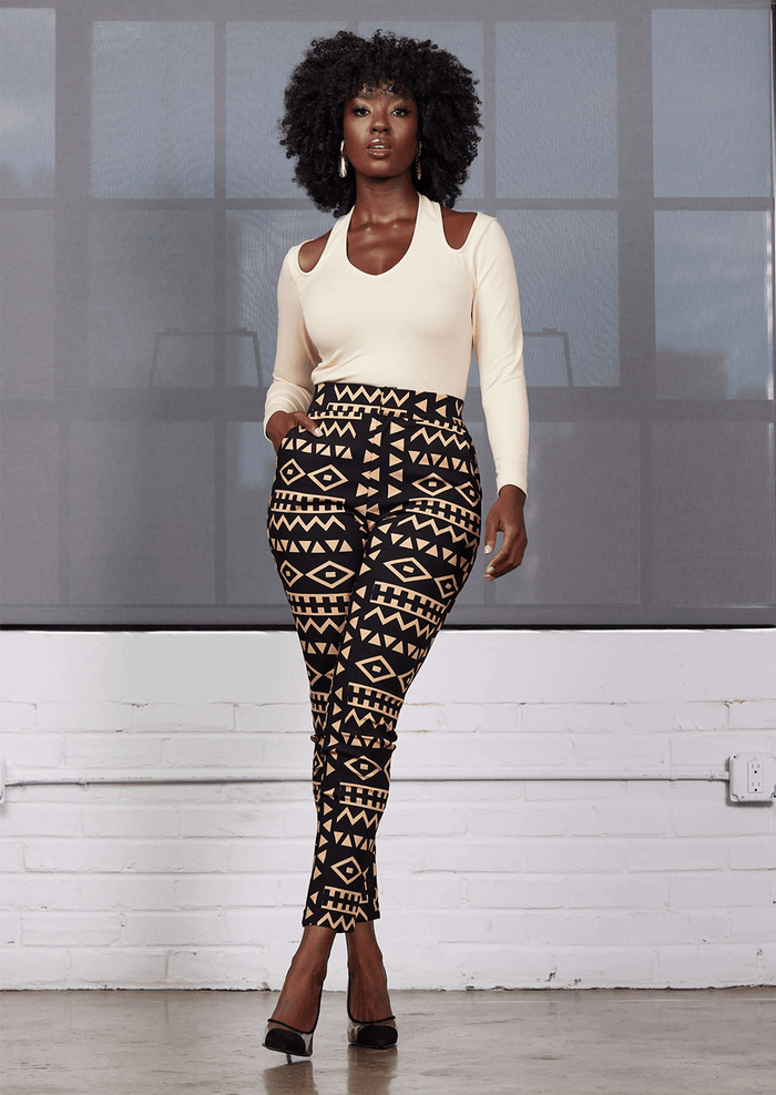 Talia Women's African Print Stretch Pants (Tan Black Tribal)